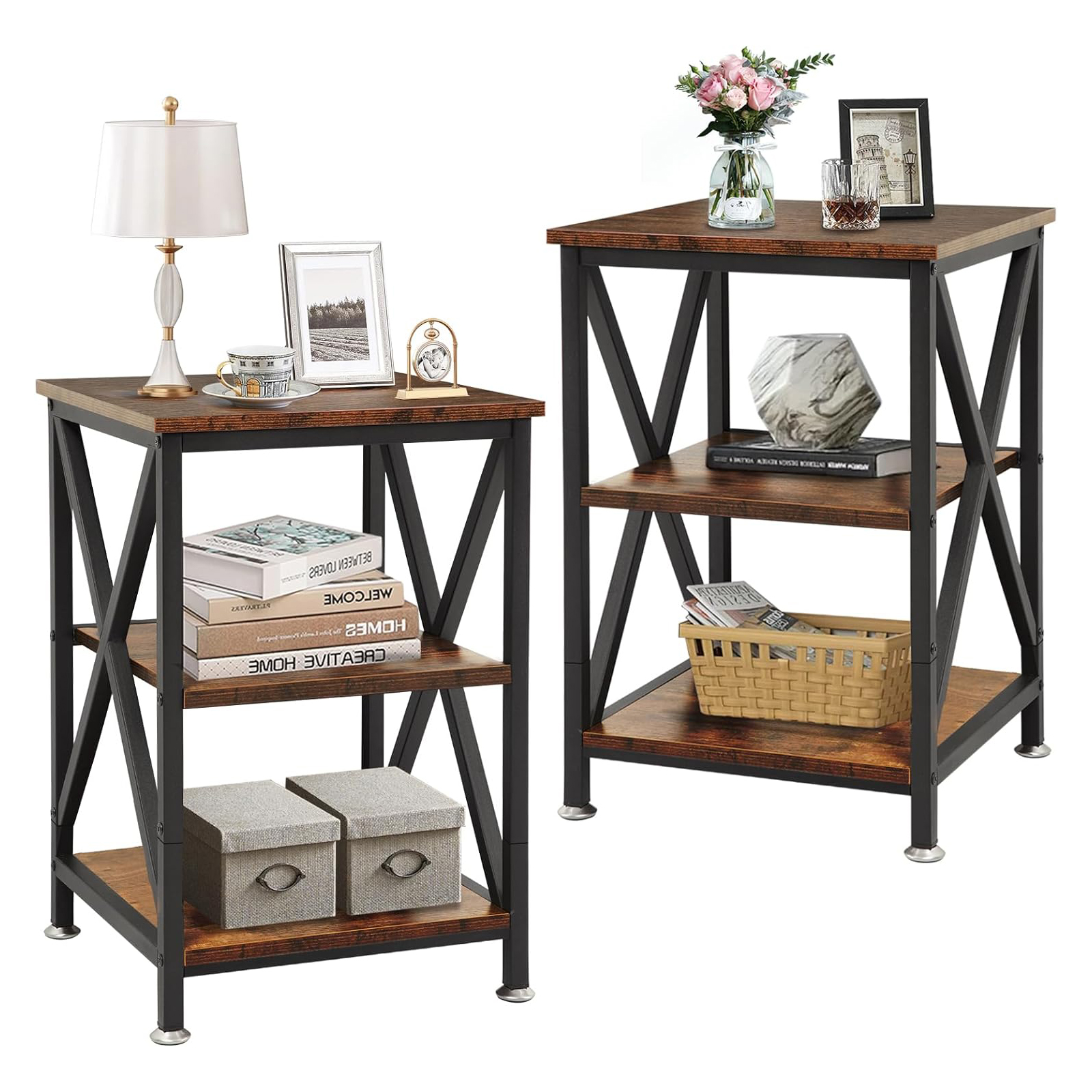 End Tables Set of 2 with Storage Shelf, 16" D x 16" W x 24" H, 3-Tier ...